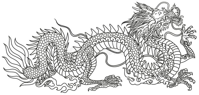 Eastern Dragon Lineart. Side View. Black and White Stock Vector ... Eastern Dragon Lineart. Side View. Black and White Stock Vector ...