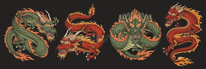 Eastern Dragons Set Emblems Colorful Stock Vector - Illustration of ...