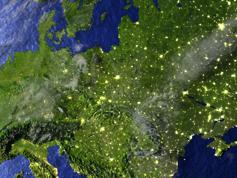 Eastern Europe at Night on Realistic Model of Earth Stock Illustration ...