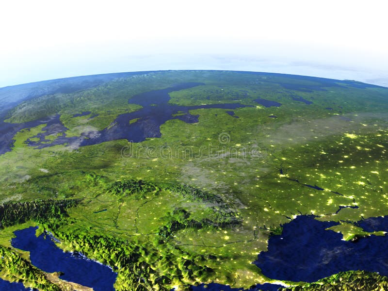 Eastern Europe at Night on Realistic Model of Earth Stock Illustration ...
