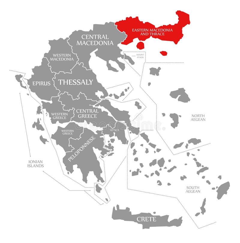 Eastern Macedonia and Thrace Red Highlighted in Map of Greece Stock ...