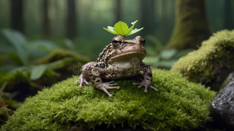 Eastern Narrow-Mouthed Toad Wearing a Leaf Hat in a Mystical Forest ...
