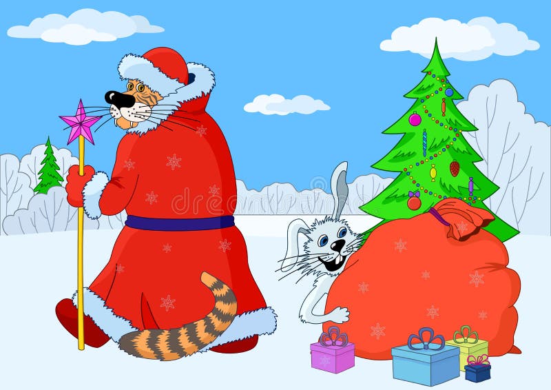 Eastern New Year Cartoon, Rabbit and Tiger Stock Vector - Illustration ...