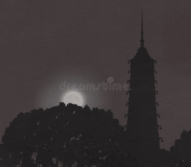 The Eastern Pagoda Under the Moonlight Stock Vector - Illustration of ...