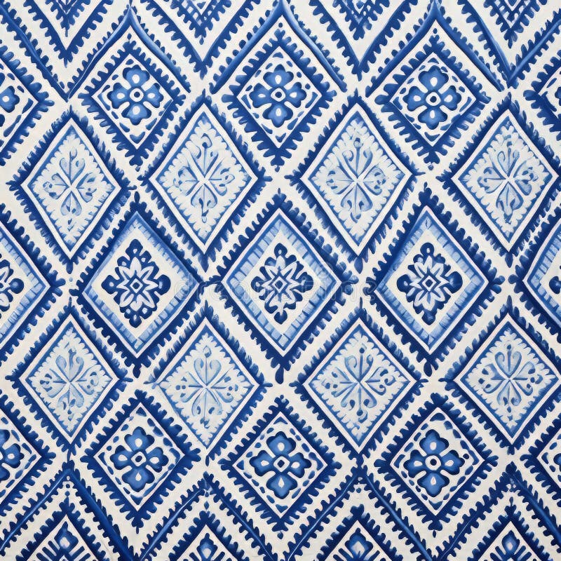 Authentic Hand-painted Blue and White Geometric Fabric with Mughal ...