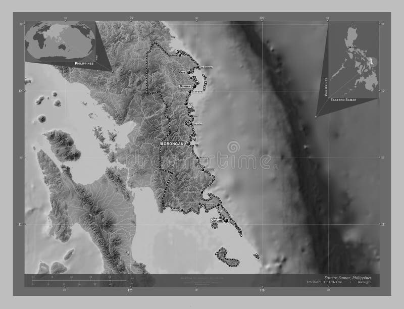 Eastern Samar, Philippines. Grayscale. Labelled Points of Cities Stock ...