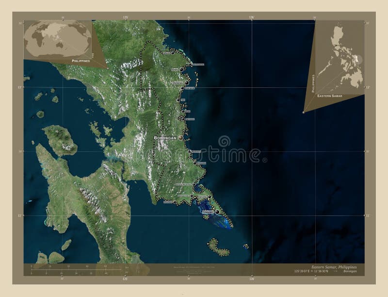 Eastern Samar, Philippines. High-res Satellite. Labelled Points Stock ...
