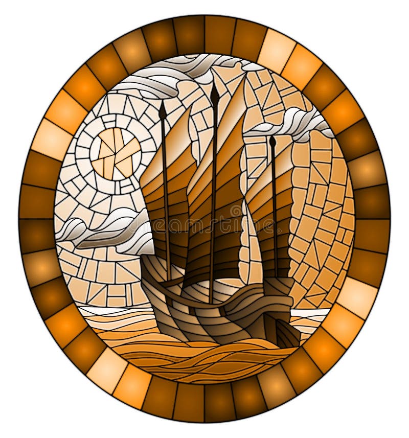 Eastern Ship with Red Sails on the Background of Sky, Sun and Ocean ...