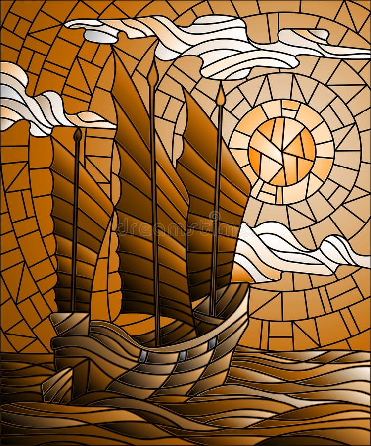 Eastern Ship with Red Sails on the Background of Sky, Sun and Ocean ...