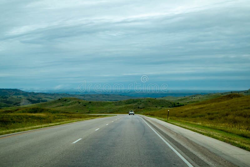 Eastern South Dakota, One Car on Interstate Highway 90 in August Stock ...