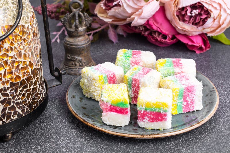 Eastern Sweets Turkish Delight in Color Coconut Chips Stock Photo ...