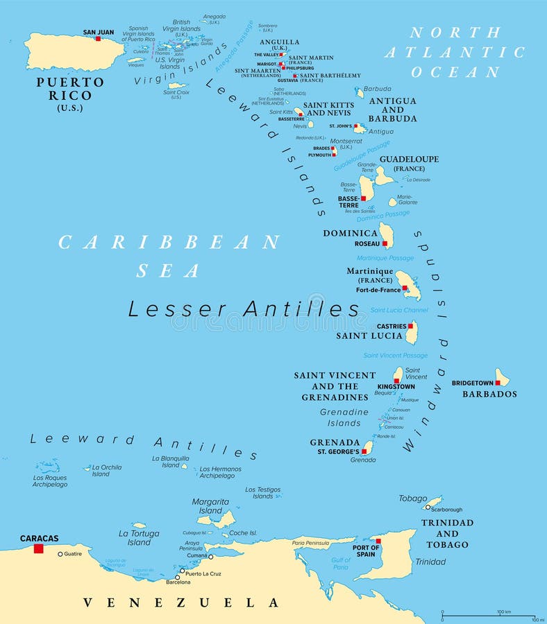 Eastern Caribbean Islands, Leeward and Windward Islands, Political Map ...