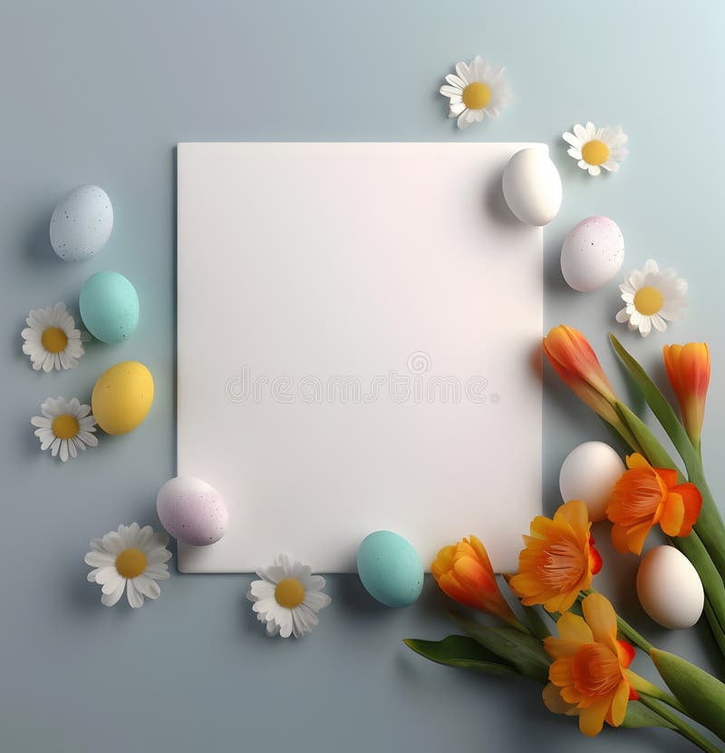 Easters and Flowers Spread Around the White Copy Space Frame. Top Down ...