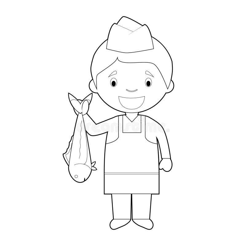 Easy Coloring Cartoon Vector Illustration of a Fishmonger Stock Vector ...