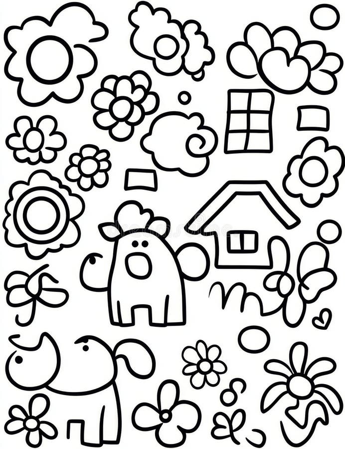 An Easy Coloring Page for Kids, Focusing on Spring and Animals Stock ...