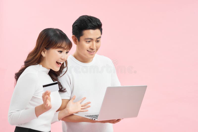 So Easy! Excited Happy Couple Doing Online Shopping in Internet Stock ...