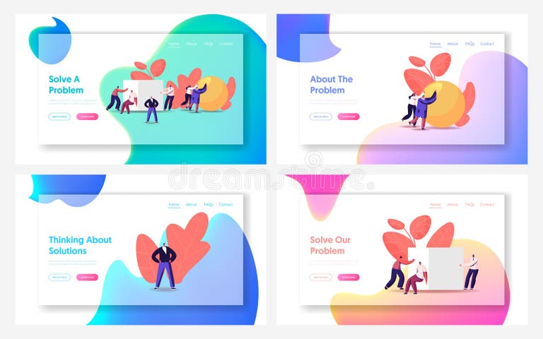 Easy Problems Solving Landing Page Template Set. Tiny Business People Push Huge Figures Ball and ...