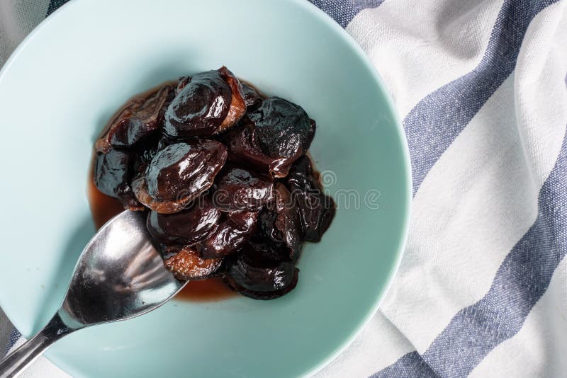 Easy Stewed Prunes Cooked Dry Plum Fruit in a Bowl on the Table Stock ...
