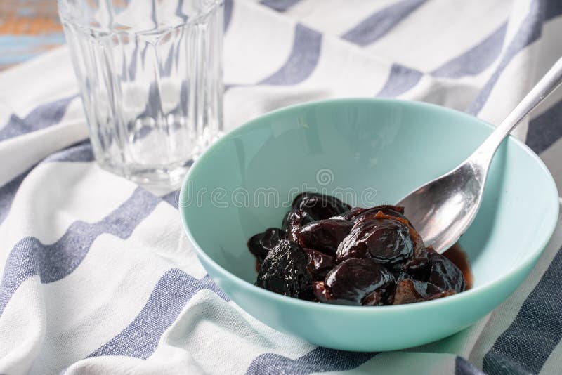 Easy Stewed Prunes Cooked Dry Plum Fruit in a Bowl on the Table Stock ...