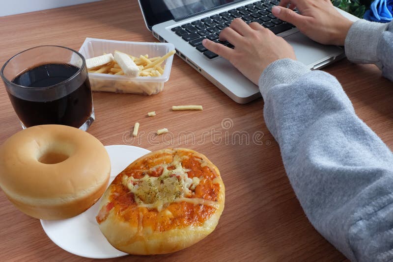 Eat Snacks with Donut Bread, Pizza and Cola Water Drink during Work ...