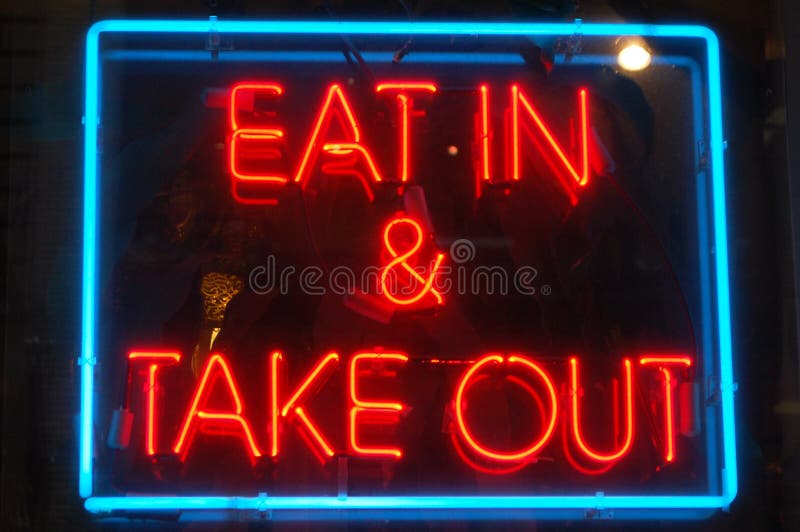 Eat in or Take Out Neon Sign Stock Image - Image of restaurant ...