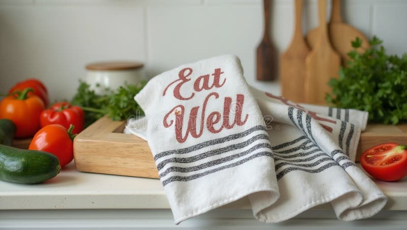 Eat Well Cursive Towel on Countertop with Veggies and Utensils Stock ...