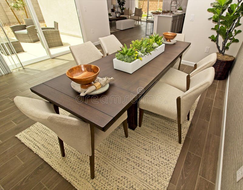 Eating Area with Long Oblong Table and Six High Back Chairs Stock Photo ...