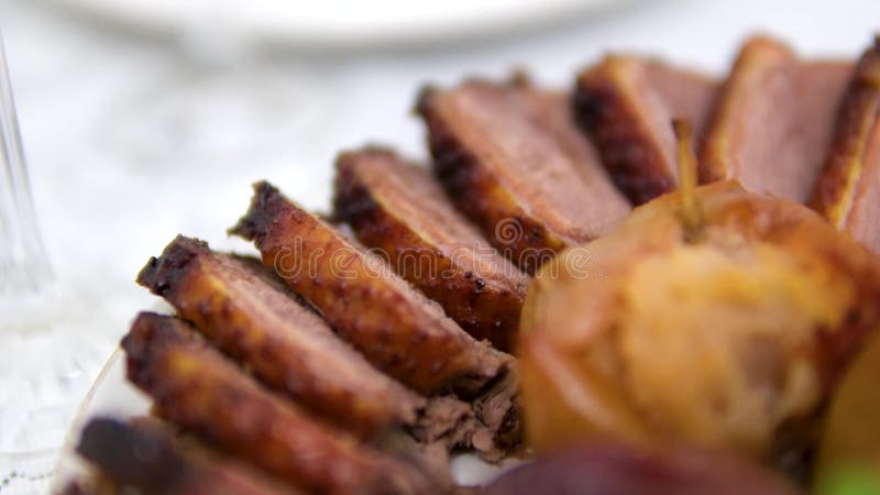 Goose with Apples Duck Eating Freshly Prepared Duck Breast with Glazed ...