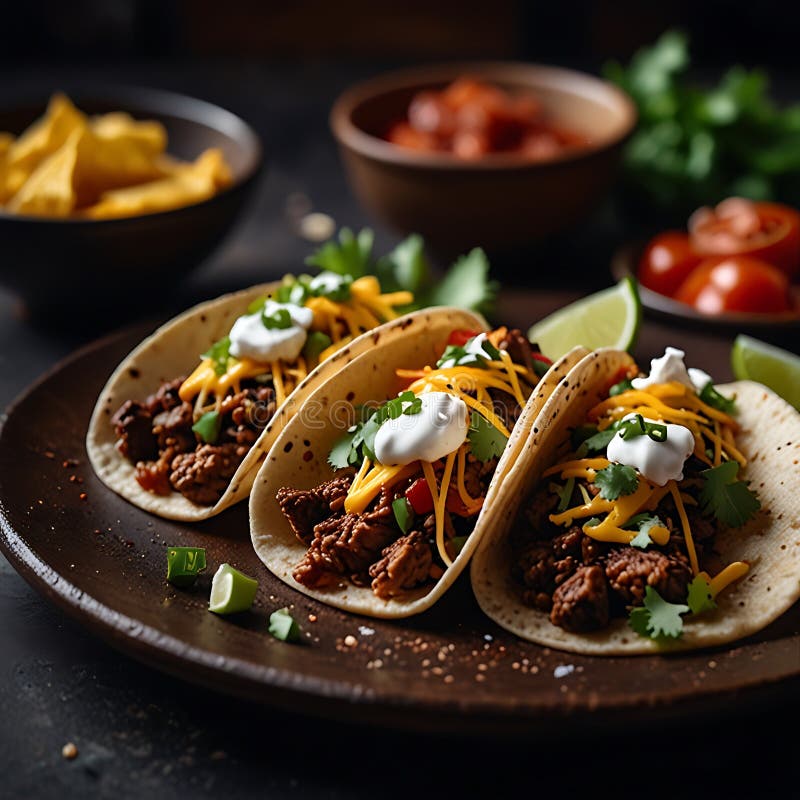 Eating Mexican Tacos with Spicy Salsa and Nacho Tortilla Chips Stock ...