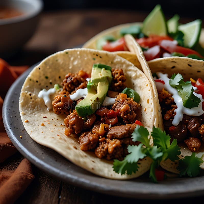 Eating Mexican Tacos with Spicy Salsa and Nacho Tortilla Chips Stock ...