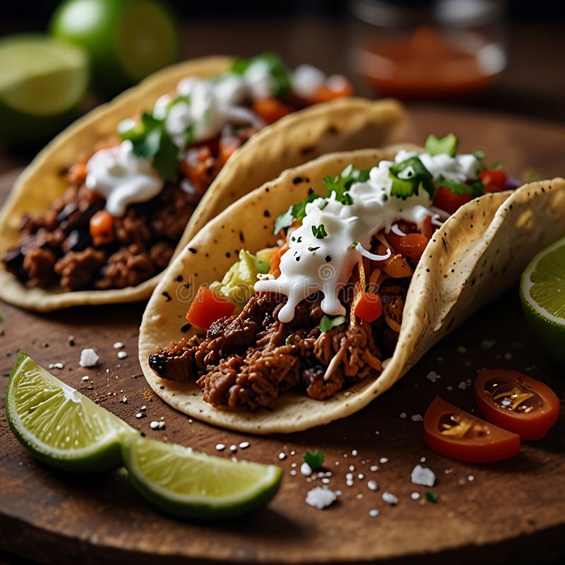 Eating Mexican Tacos with Spicy Salsa and Nacho Tortilla Chips Stock ...