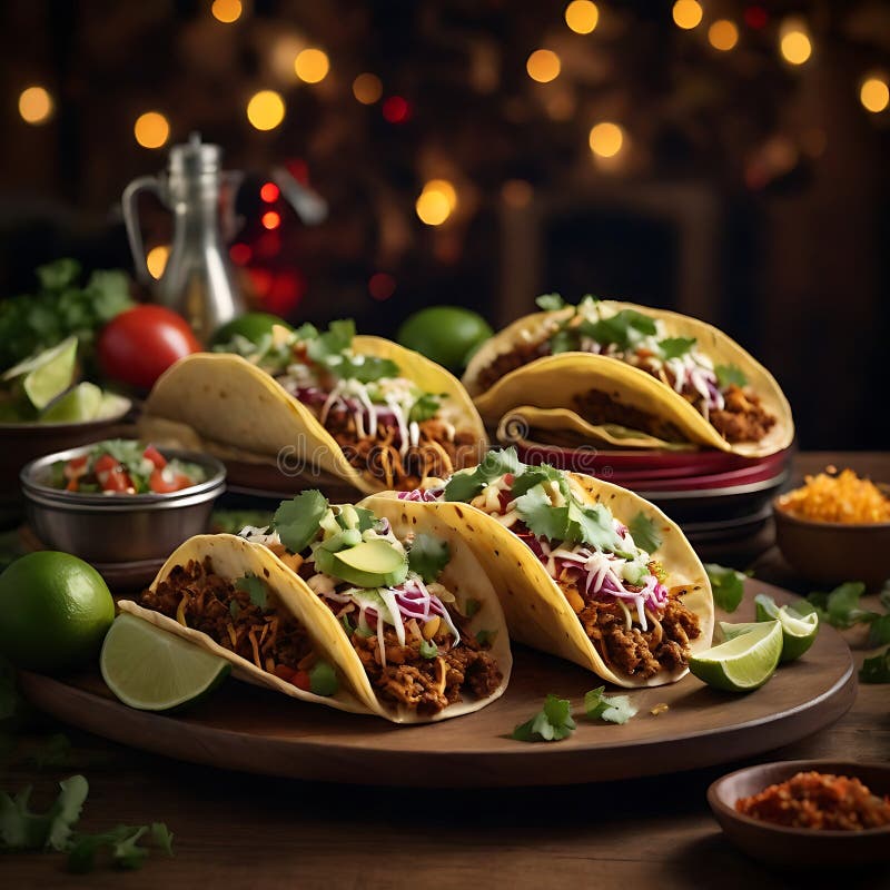 Eating Mexican Tacos with Spicy Salsa and Nacho Tortilla Chips Stock ...