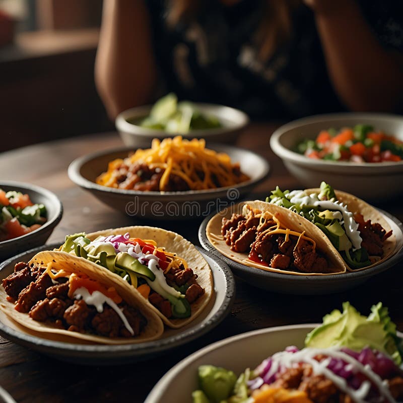 Eating Mexican Tacos with Spicy Salsa and Nacho Tortilla Chips Stock ...