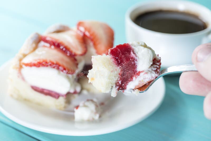 Eating Pie with Strawberries and Cream with a Fork Stock Image - Image ...