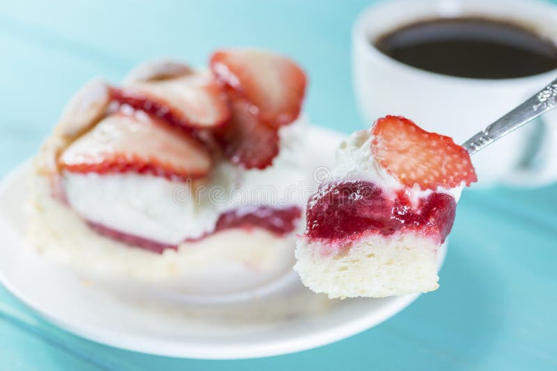 Eating Pie with Strawberries and Cream on a Spoon Stock Image - Image ...