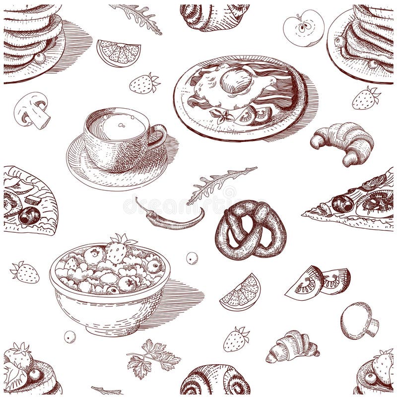 Eating seamless pattern. stock vector. Illustration of hand - 125577906