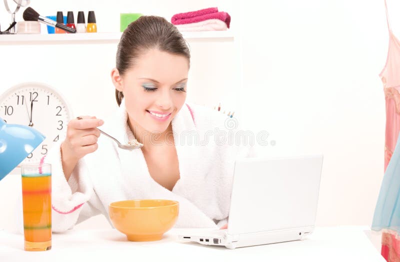 Eating Woman Laptop Computer Stock Photo - Image of caucasian ...