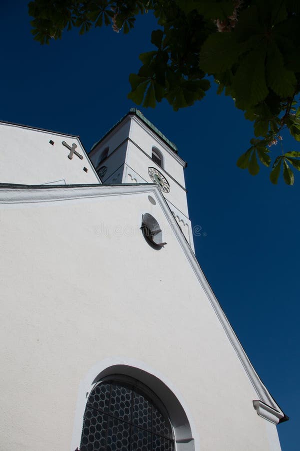 EBERSBERG, GERMANY - MAY 8, 2018: Upward View of the Corner Tower of ...