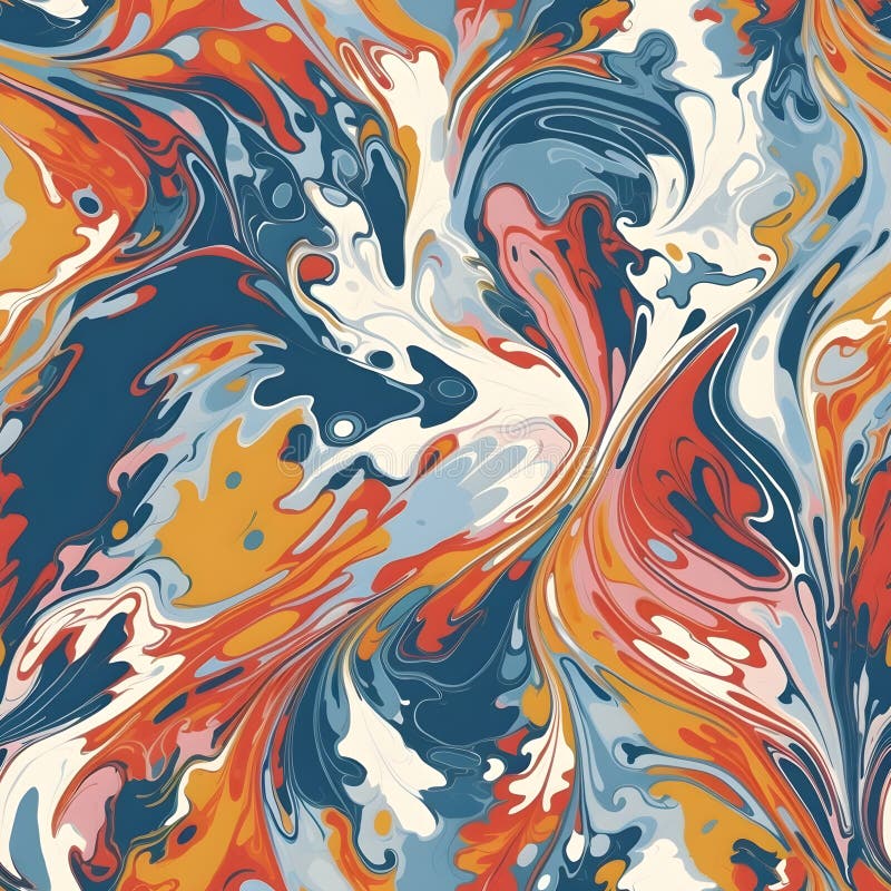 Ebru Paintinfg Texture Seamless Pattern. Blue, Red, White Abstract ...