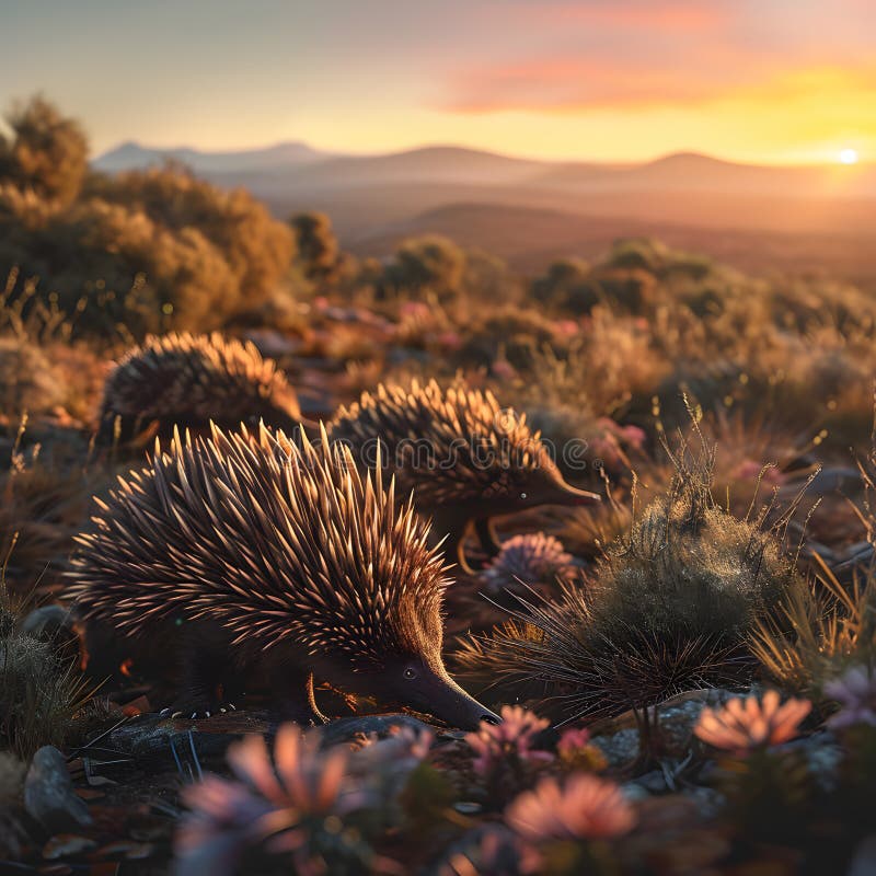 Echidna in the Mountainous Countryside with Setting Sun Shining. Stock ...