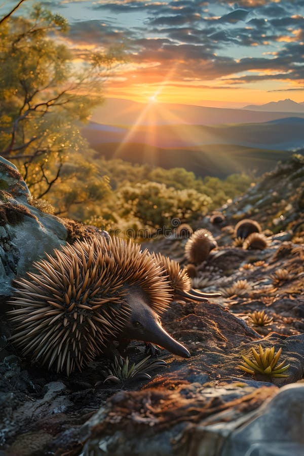 Echidna in the Mountainous Countryside with Setting Sun Shining. Stock ...