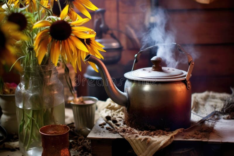 Echinacea Tea Brewing in Rustic Kettle Over Open Flame Stock ...