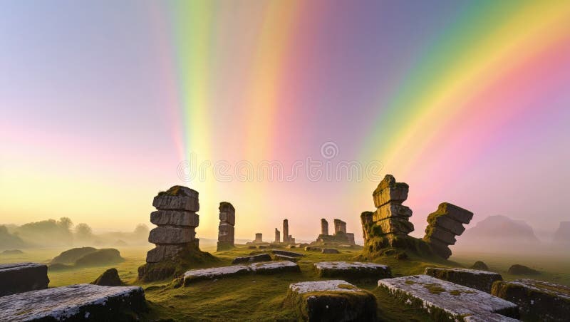 A Echoing Scene Under a Rainbow, Where Shadows Stretch Across Ancient ...
