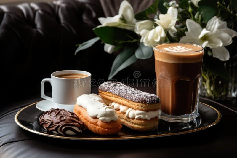 Eclair and Cappuccino Coffee on Coffee Table. Ai Generated Stock ...