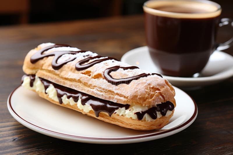 Eclair and Cappuccino Coffee on Coffee Table. Ai Generated Stock ...