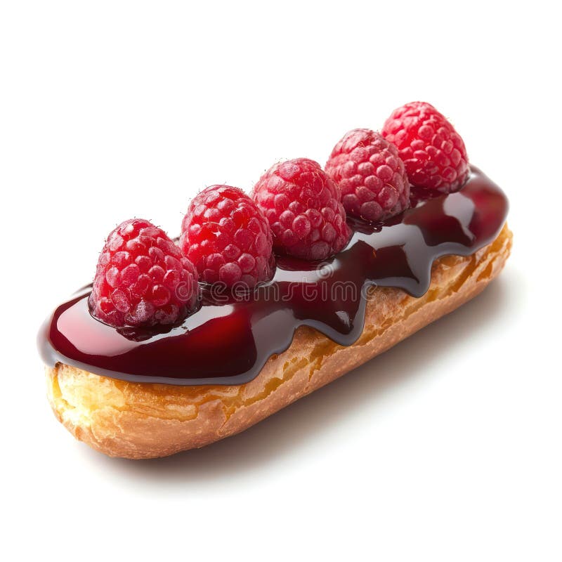 Eclair with Chocolate Icing Decorated with Fresh Raspberries on White ...