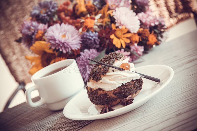 Eclair with Flower Background Stock Image - Image of fluffy, cream ...