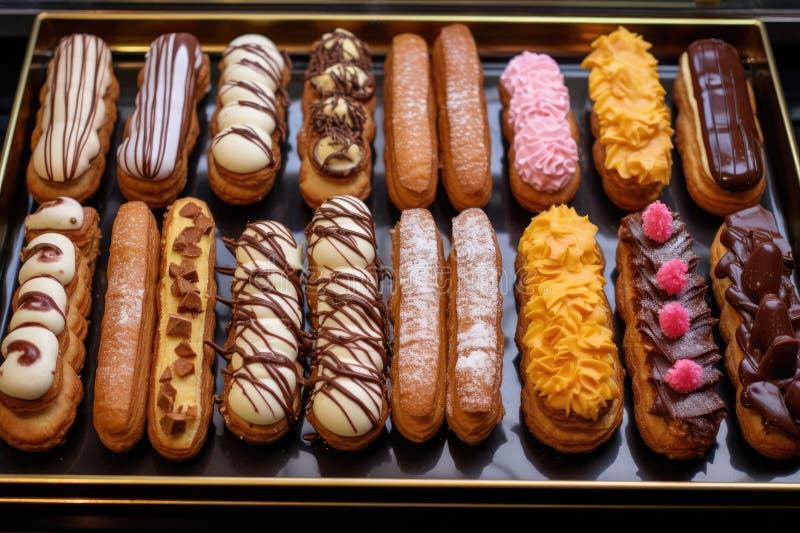 Eclairs Arranged in a Bakery Display Case with Other Pastries Stock ...
