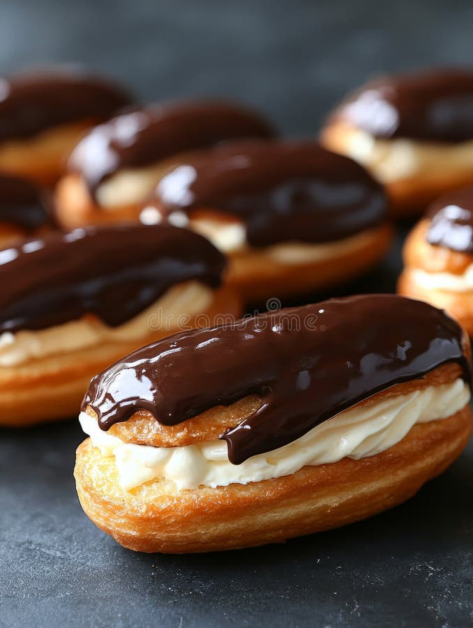 Eclairs with Chocolate Glaze and Cream Filling on a Table. Stock Image ...
