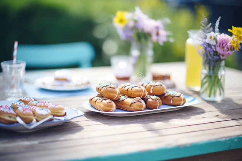 Eclairs on Picnic Table for Outdoor Event Stock Photo - Image of event ...